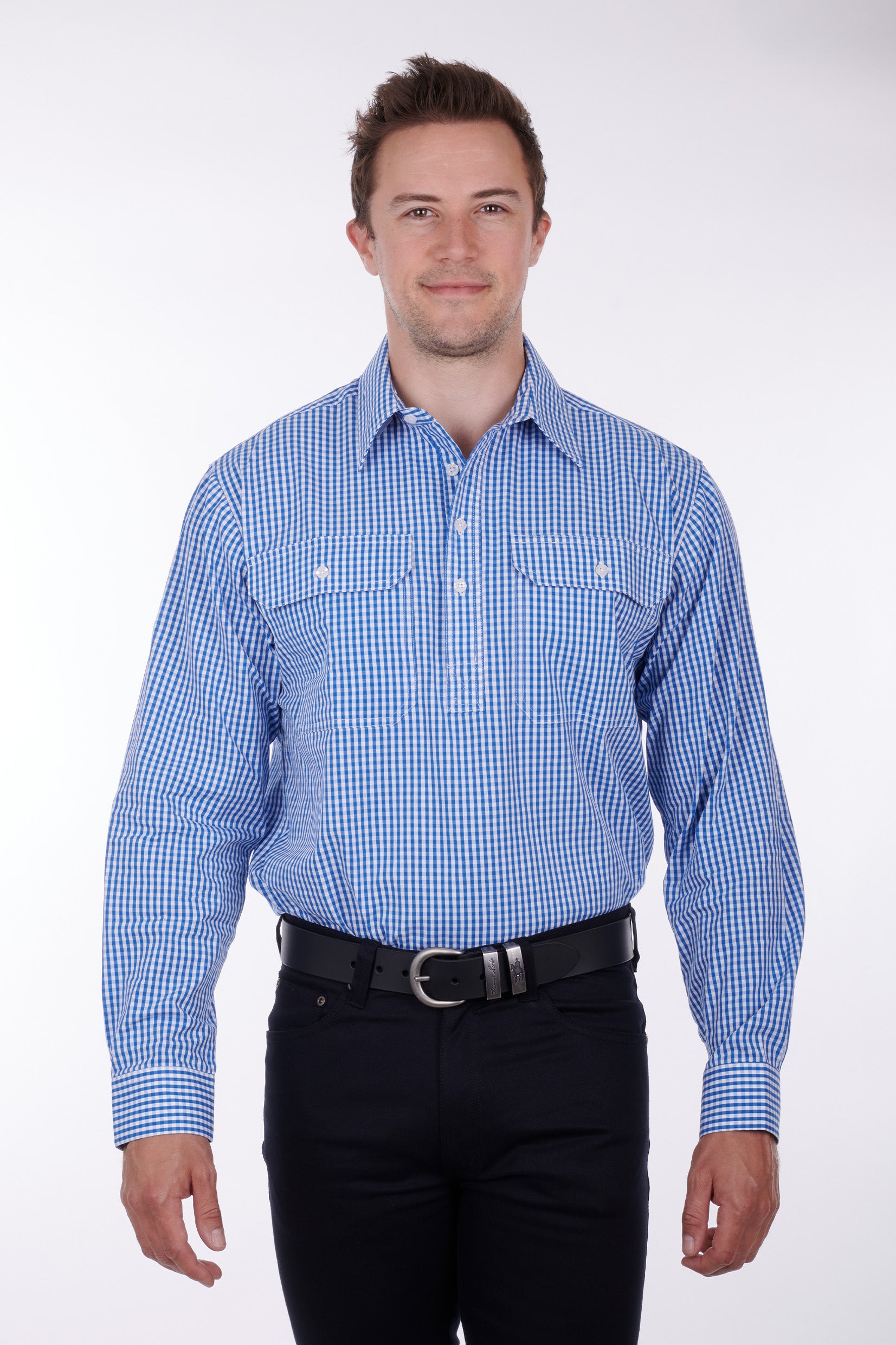 Hard Slog Mens Devin Half Placket L/S Shirt - Blue/White - H3S1101181 ...