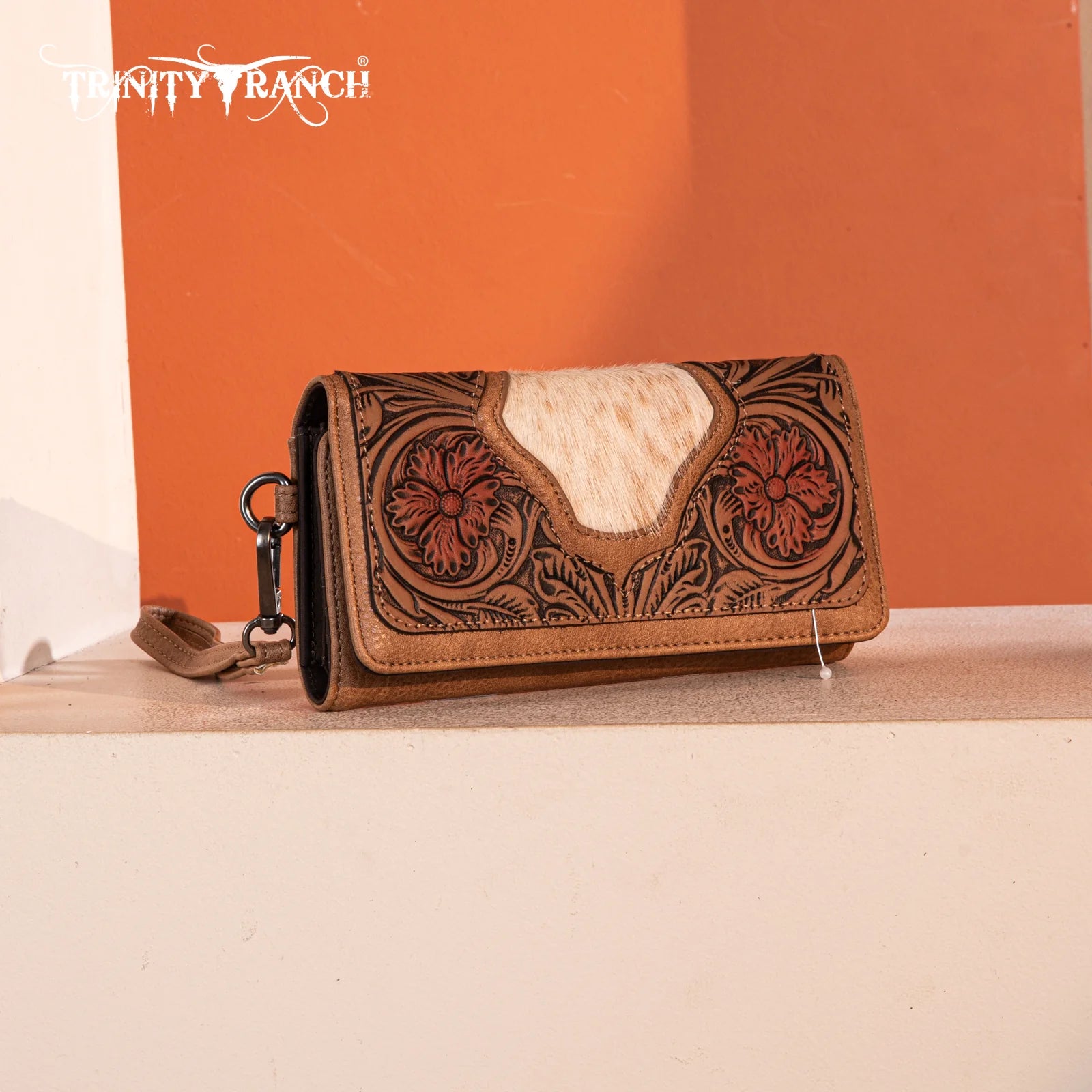 Trinity Ranch Floral Tooled and Hair On Cowhide Wallet - Tan – Sheps ...
