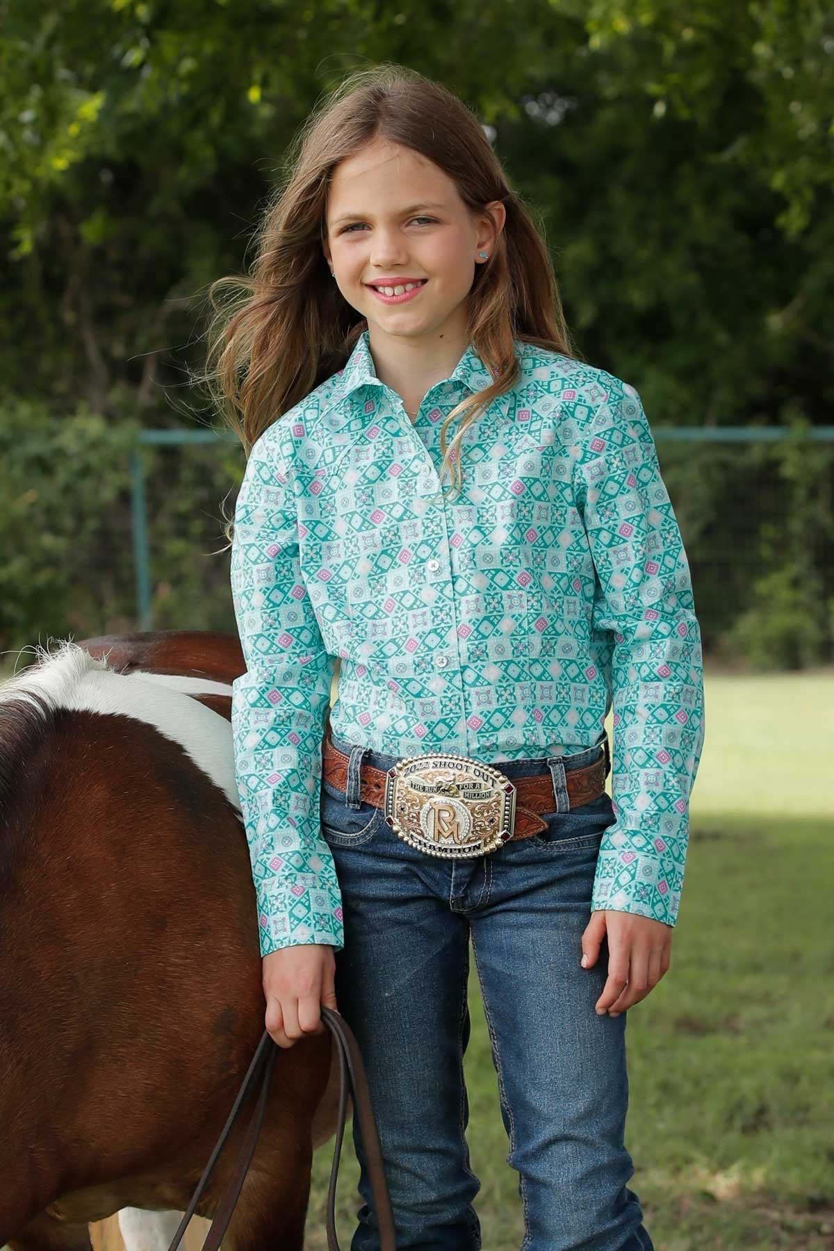 Cruel Girl Girls Geometric Print Button Down Western Shirt - Turquoise ...
