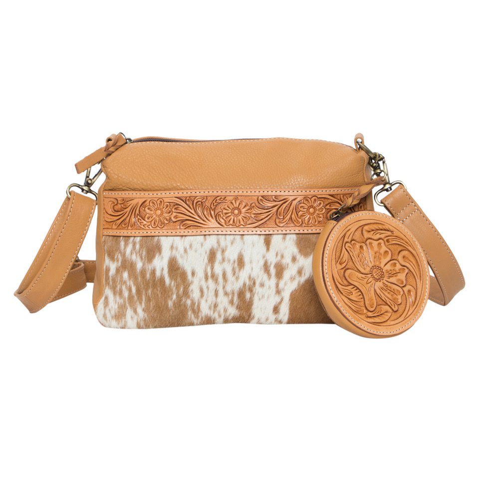 The Design Edge Punata – Tan and White Cowhide Camera Bag with Carving ...